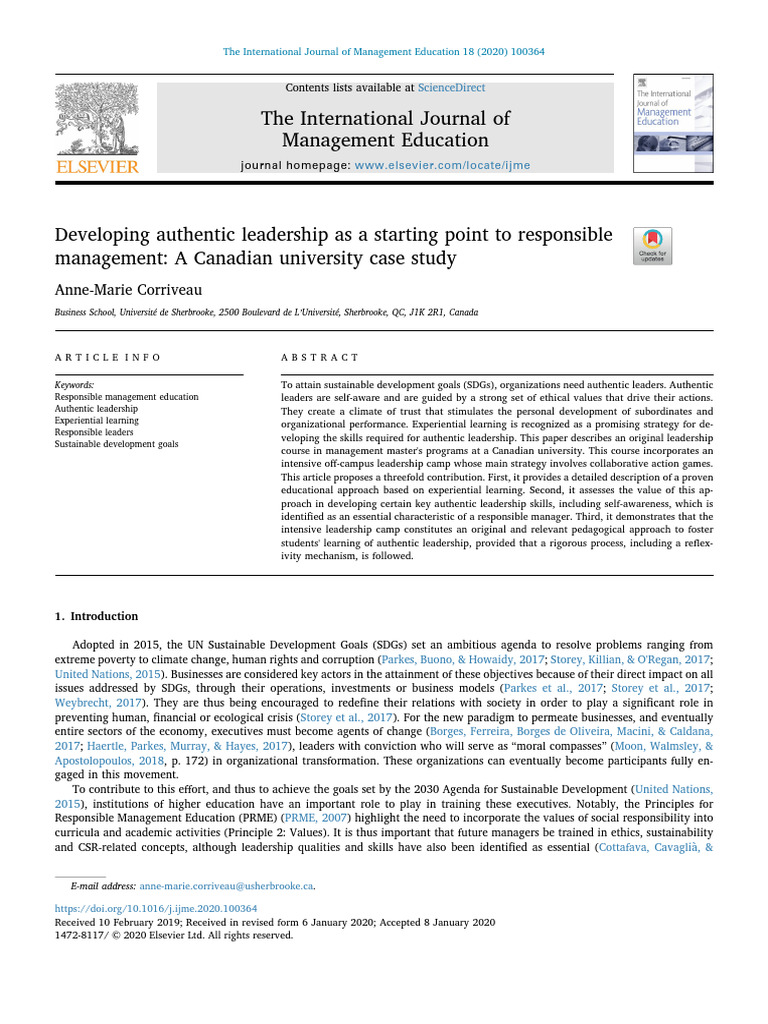 Developing Authentic Leadership As A Starting Point To Responsible Management - A Canadian ...
