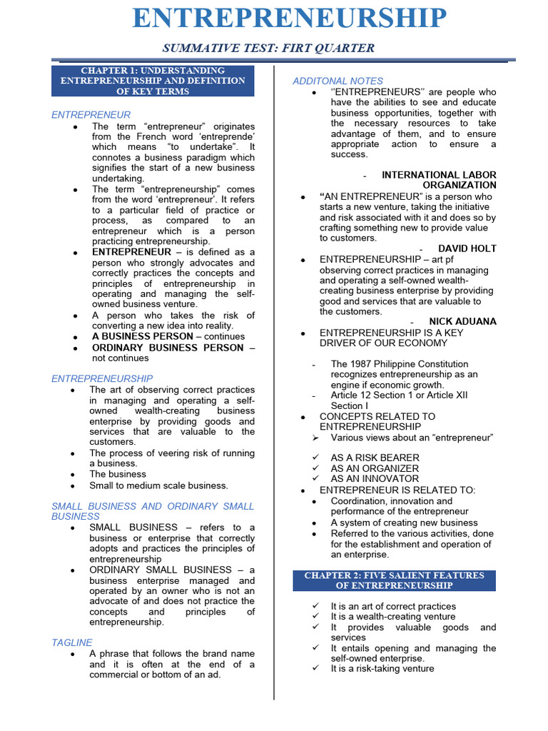 Entrepreneurship Reviewer Summative Test | PDF