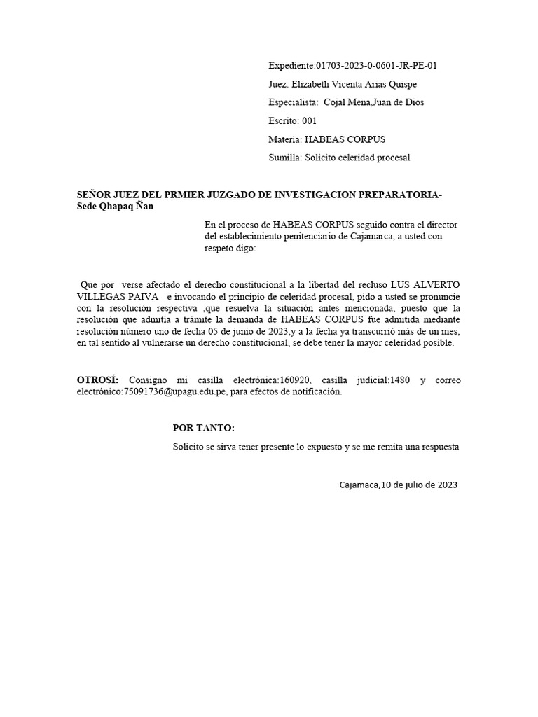 Escrito de Celeridad Procesal | PDF