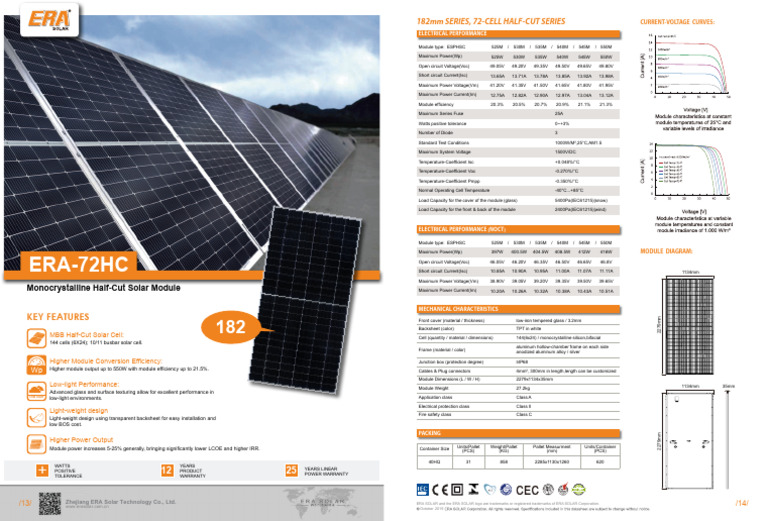 Datasheet ERA SOLAR ERA-72HC - (525-550) M | PDF | Solar Cell | Solar Panel