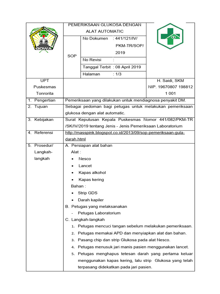 8.1.1. B 01 SOP Pemeriksaan GDS | PDF