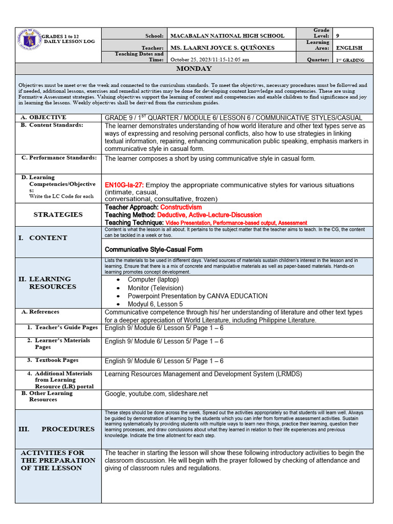 Dll-Cot1 Quinones | PDF | Learning | Teachers