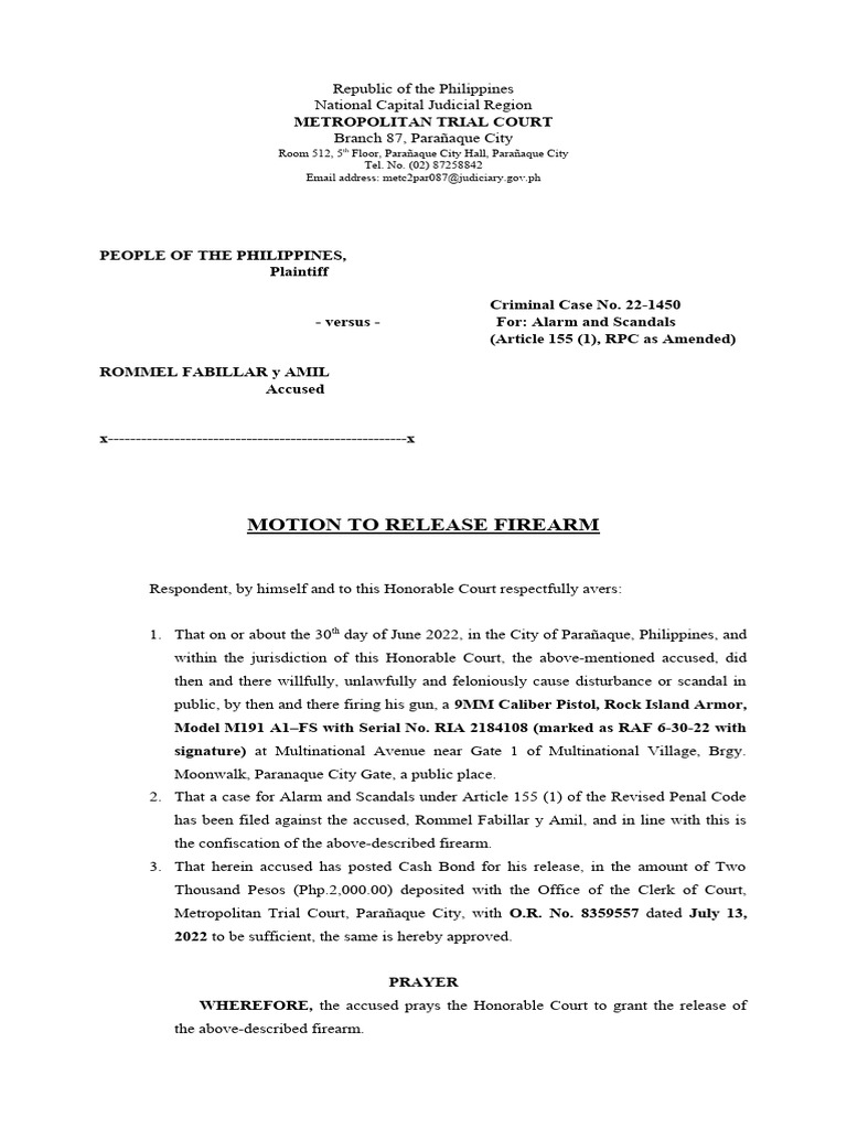 Motion To Release Firearm | PDF | Justice | Crime & Violence