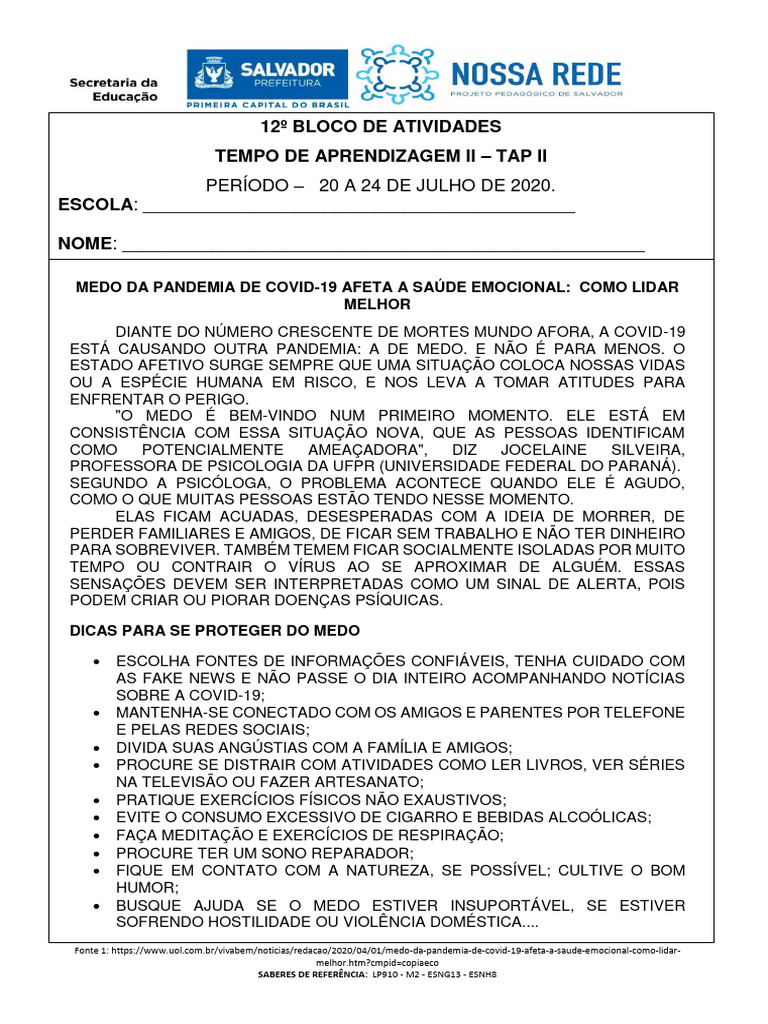 12o. Bloco de Atividades TAP II | PDF | Psicologia