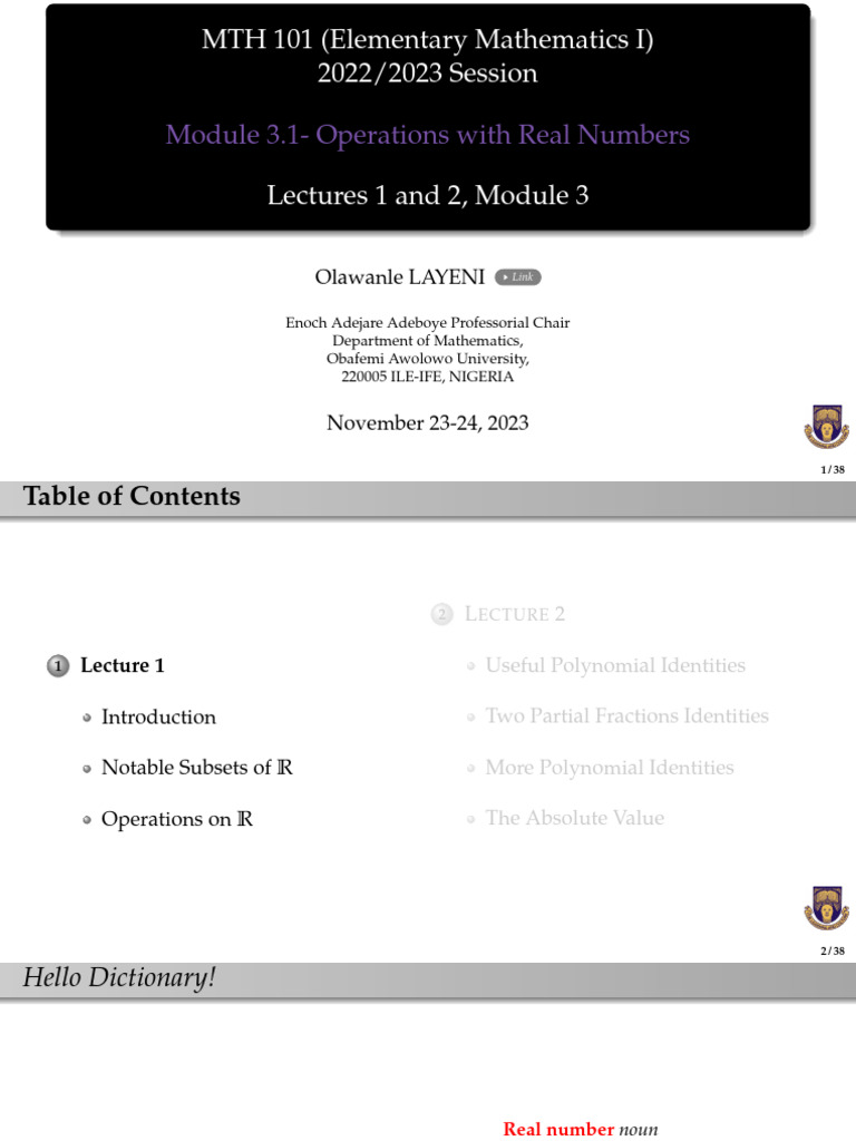 Operation With Real Numbers LECTURES 1& 2 | PDF | Numbers | Rational Number