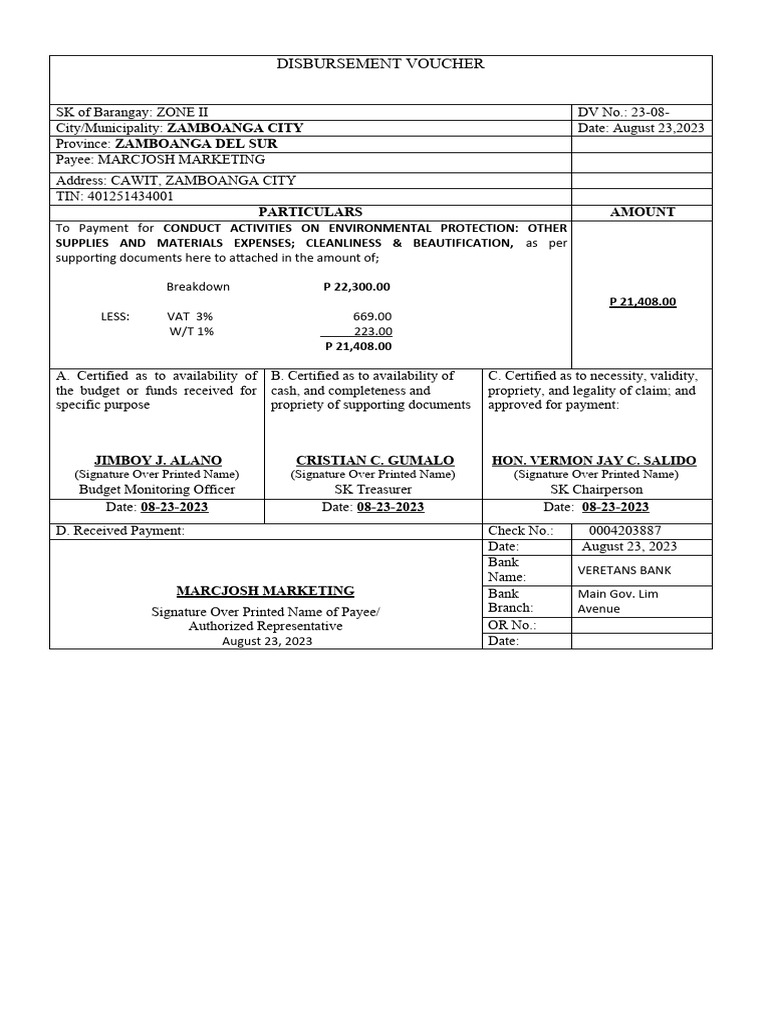 Annex 7-DISBURSEMENT VOUCHER | PDF | Cheque | Payments