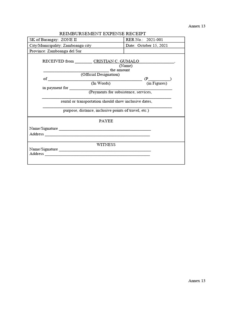 Reimbursement Expense Receipt Template | PDF | Payments | Receipt
