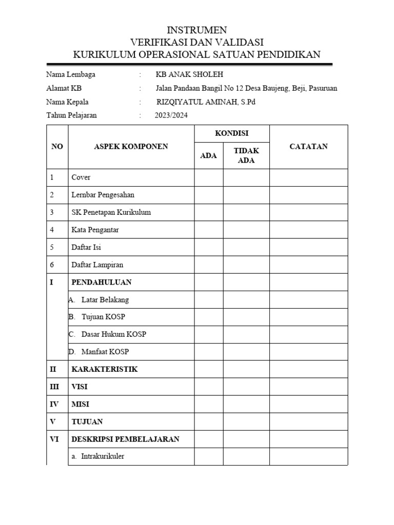 Lembar Verifikasi Dan Validasi KOSP 2023 | PDF