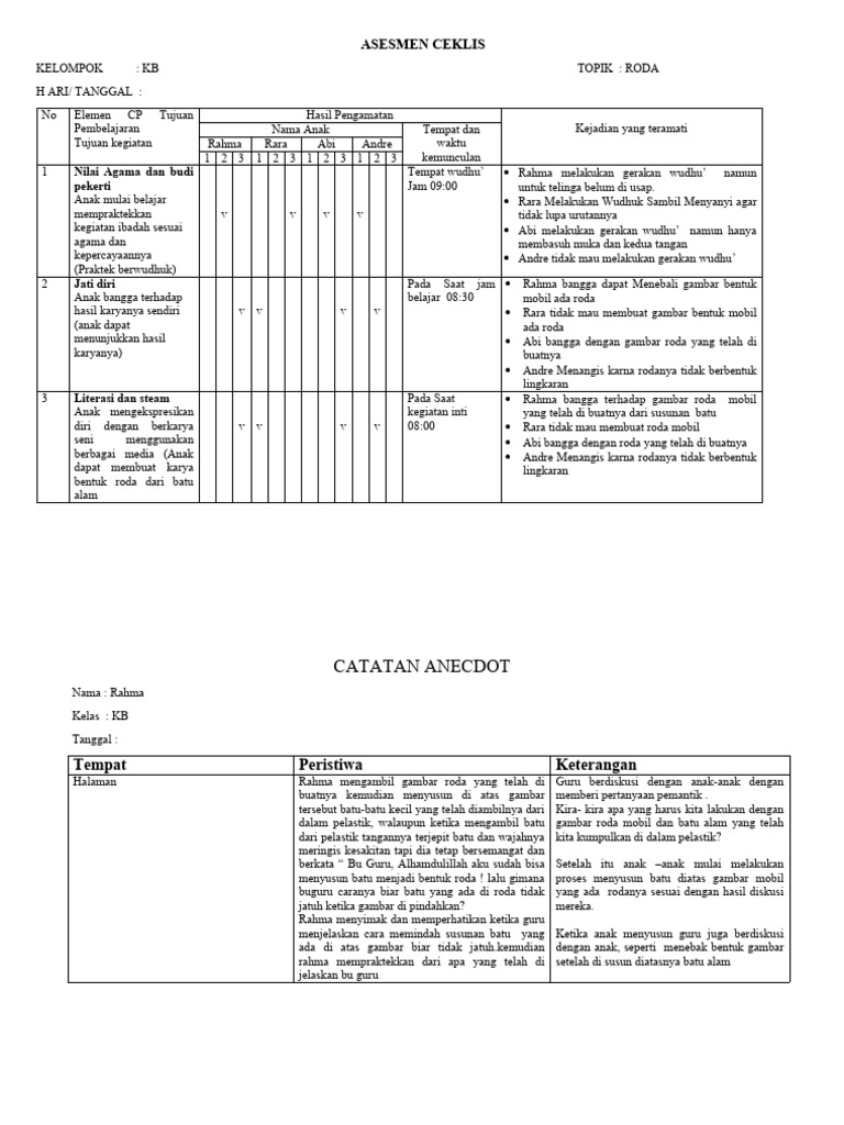 Contoh Penilaian Ceklis Kurikulum Merdeka | PDF