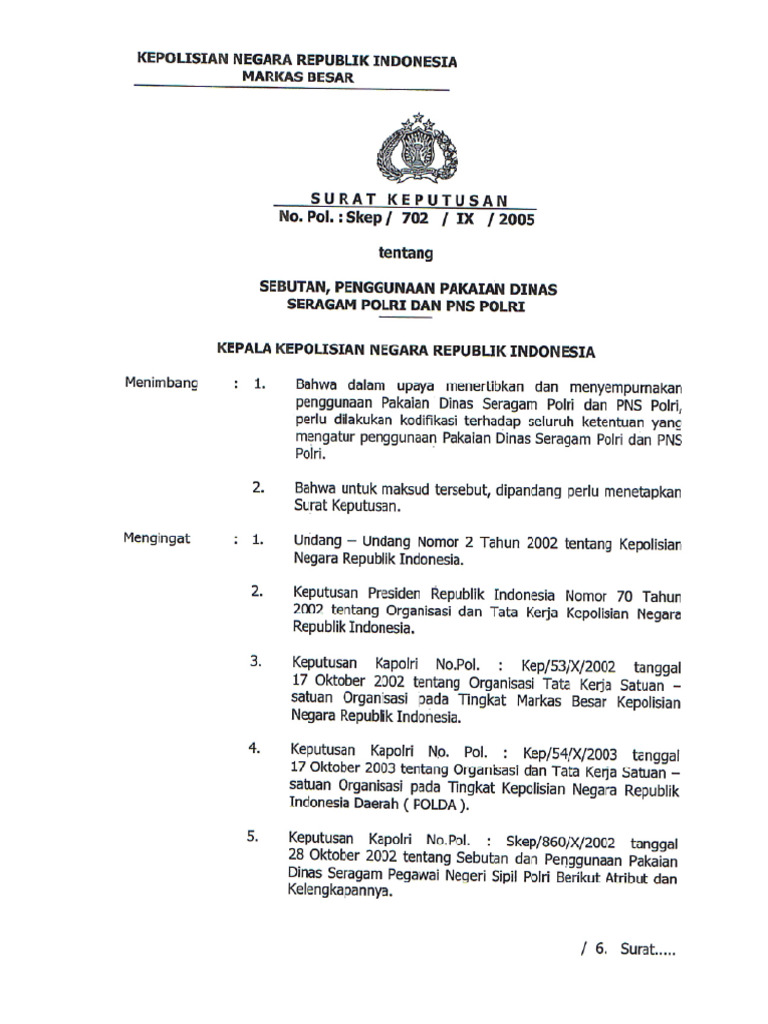 SKEP 702 IX 2005 TTG SEBUTAN PAKAIAN DINAS POLRI | PDF