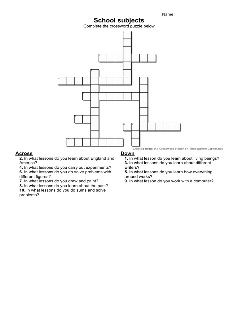 School Subjects Crossword Puzzle | PDF