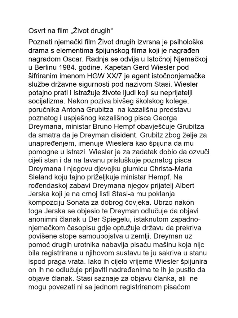 Osvrt Na Film Život Drugih | PDF