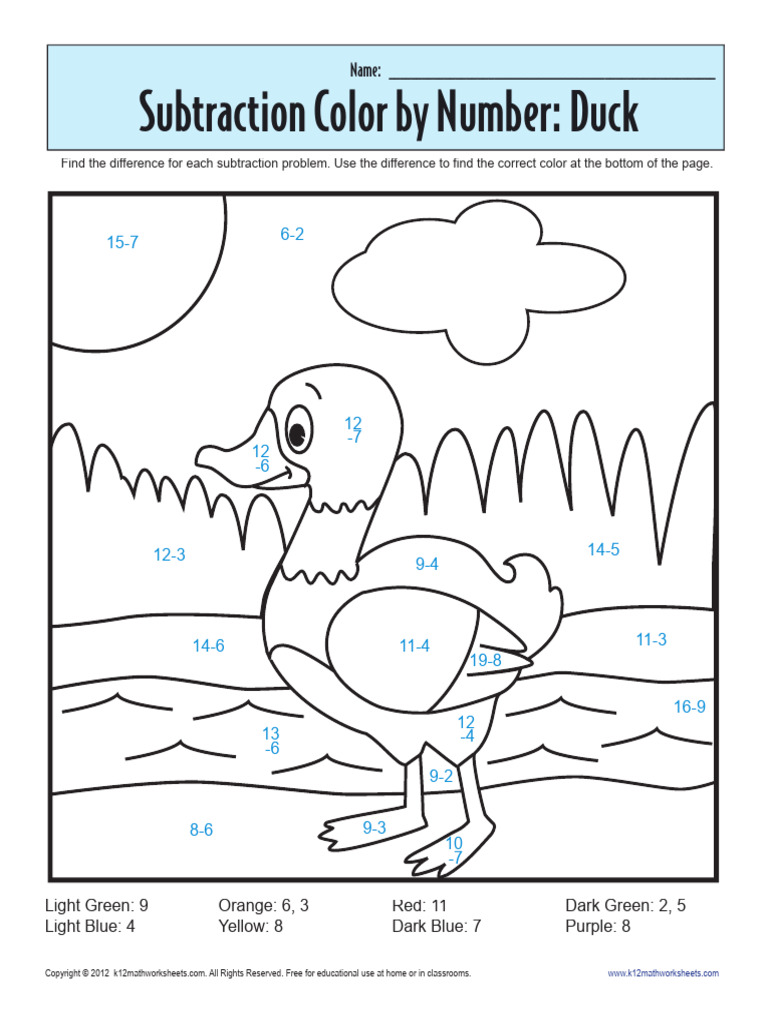 Subtraction Color by Number Duck | PDF