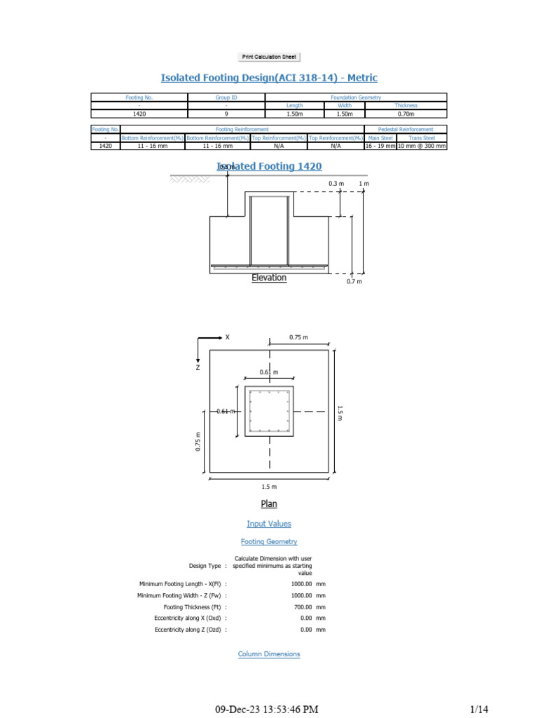 Isolated Footing Design (ACI 318-14) - Metric: Elevation | PDF | Civil ...