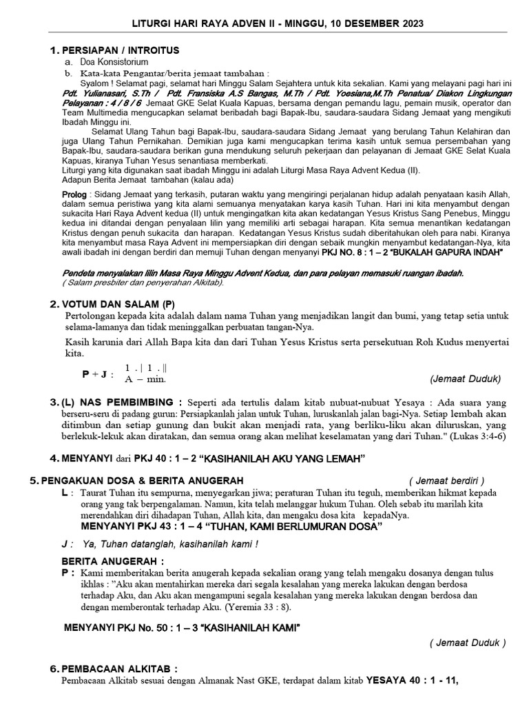 Liturgi Advent II: Minggu 10 Desember | PDF