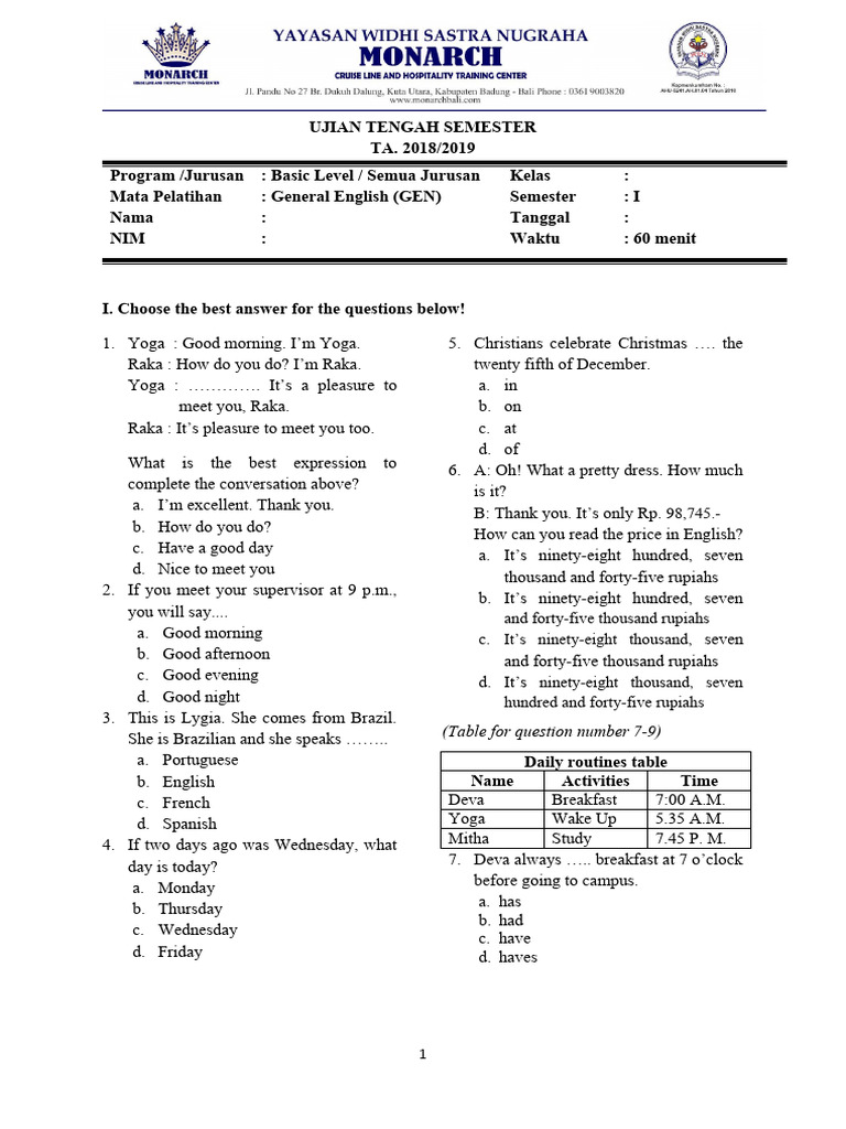 Soal Uts Basic Level Gen - Theory 2018-2019 | PDF