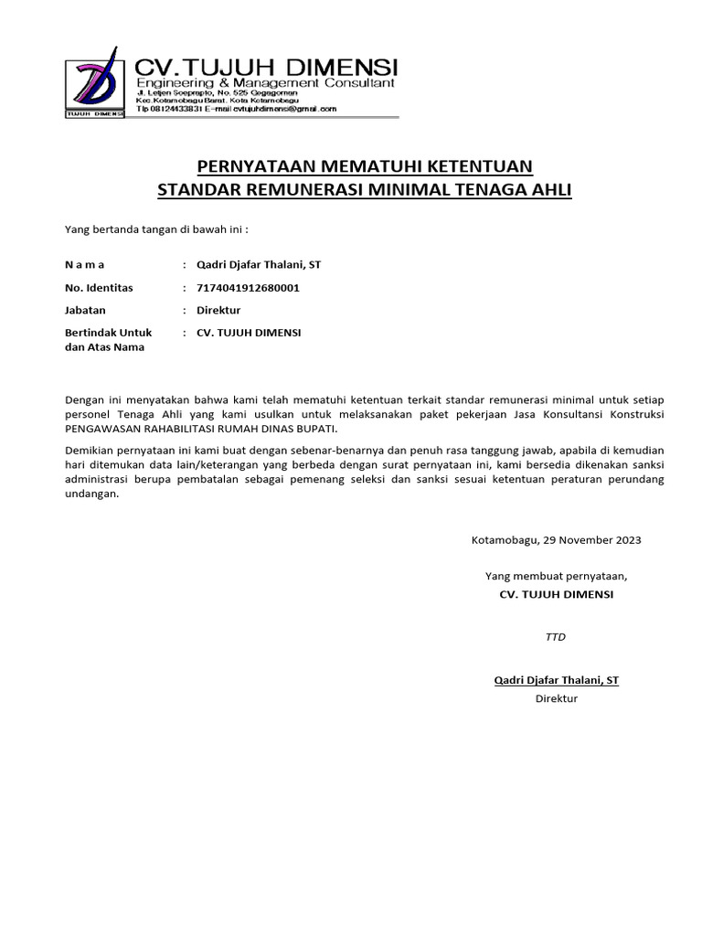Surat Pernyataan Standar Remunerasi Minimal | PDF