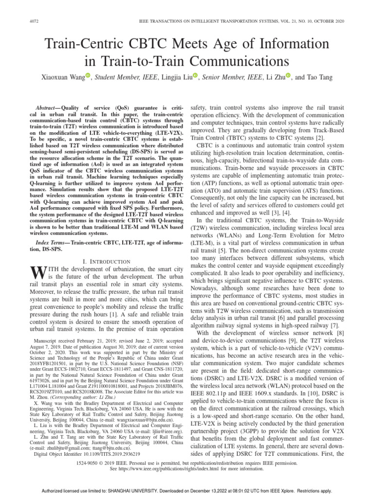 Train-Centric CBTC Meets Age of Information in Train-to-Train Communications | PDF | Wireless ...