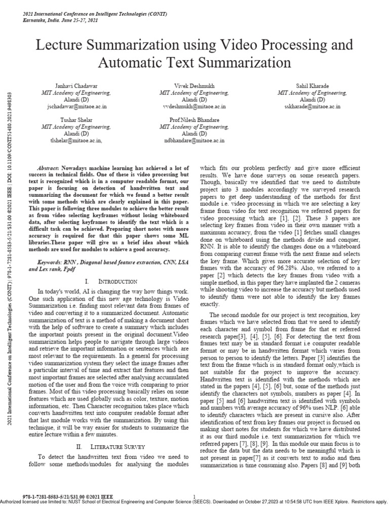 Lecture Summarization Using Video Processing and Automatic Text ...