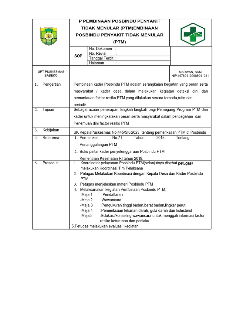 Sop Pembinaan Posbindu Ptm Pdf