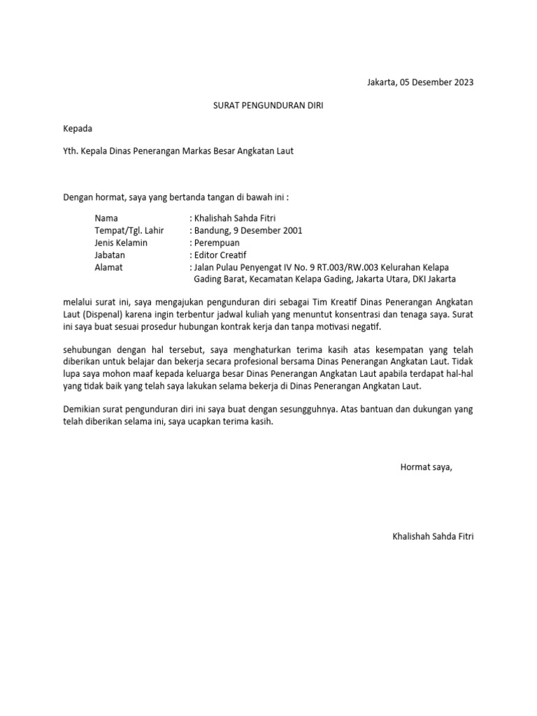 Surat Pengunduran Diri Khal | PDF