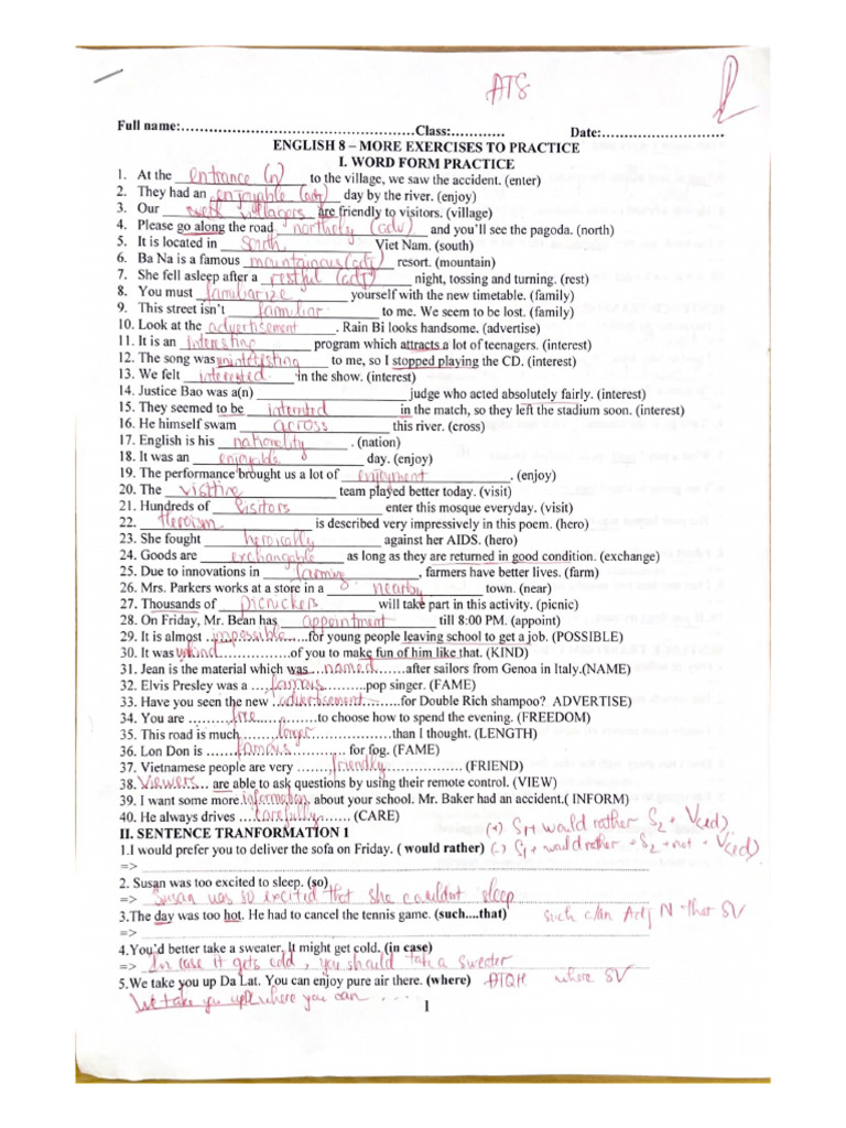 E8 Gifted Word Form Sentence Transformation and Phrasal Verba | PDF