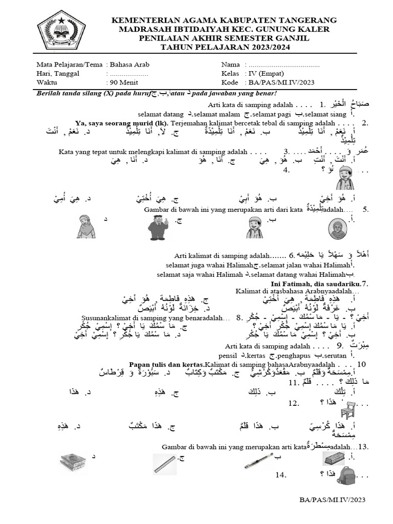 SOAL Bahasa Arab KLS 4 | PDF