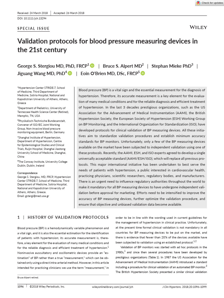 J of Clinical Hypertension - 2018 - Stergiou - Validation Protocols For Blood Pressure Measuring ...