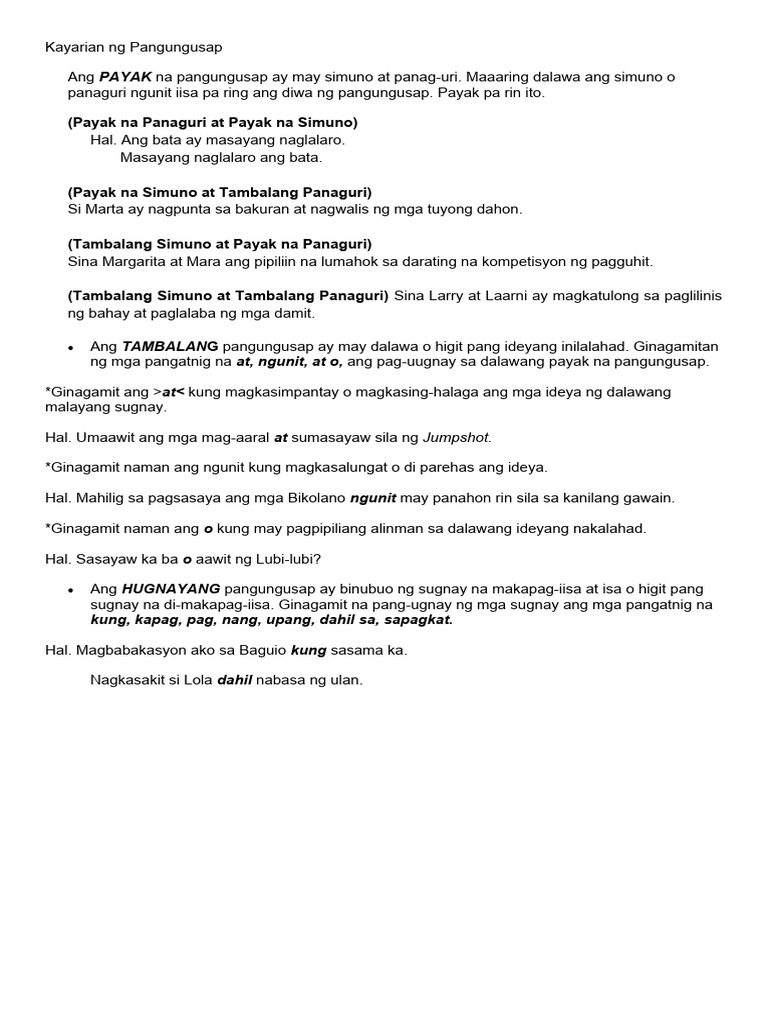 Pangungusap Na Payak, Tambalan, Hugnayan | PDF