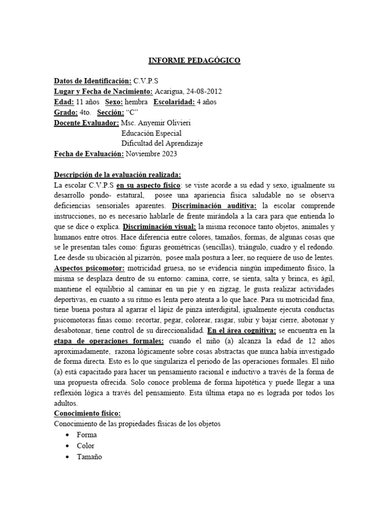 Informe Pedagógico | PDF