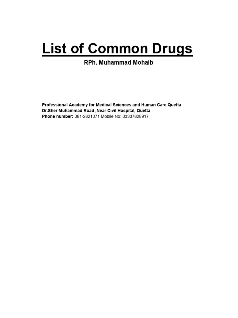 01 List of Common Drugs (1) | PDF | Analgesic | Drugs