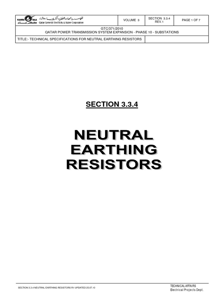 Technical Specs for Neutral Earthing Resistors | PDF | Resistor ...