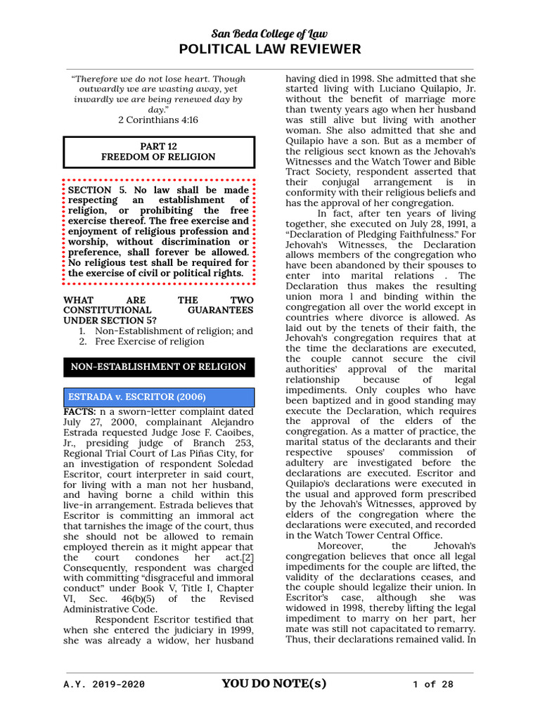 Part 12. Freedom of Religion | PDF | Free Exercise Clause | Separation ...