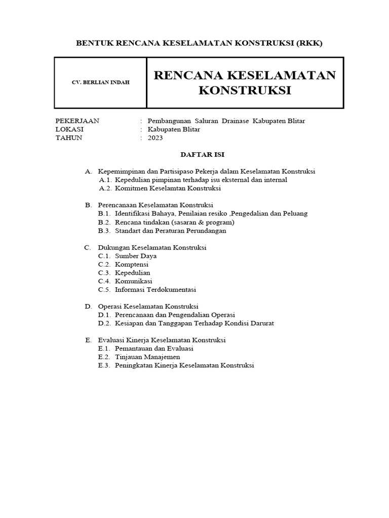 Bentuk Rencana Keselamatan Konstruksi (RKK) | PDF