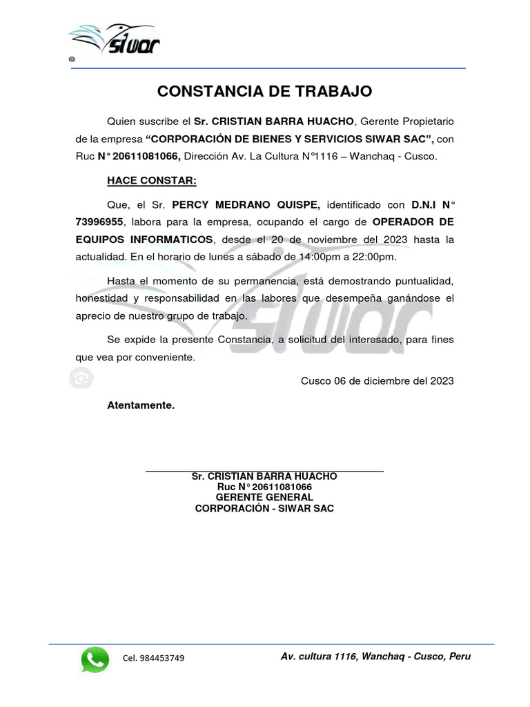 Constancia Laboral Percy Medrano 2023 | PDF