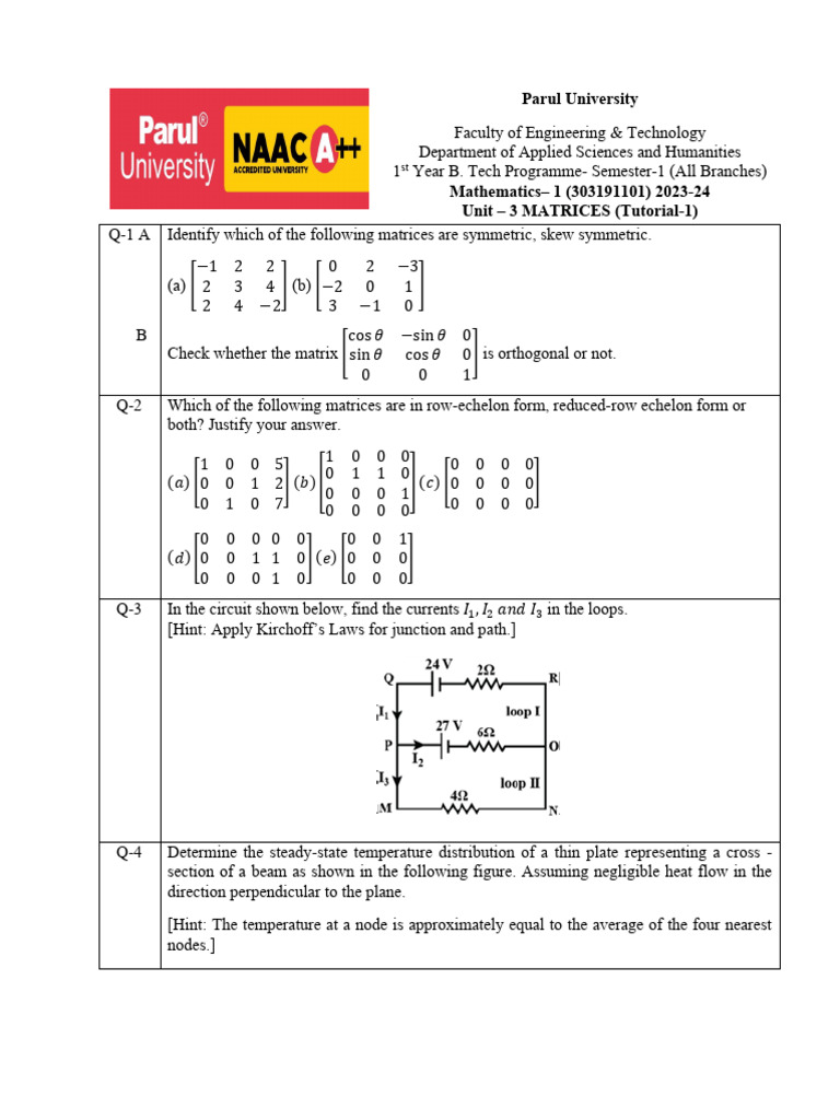 Mathematics-1 Tutorial 1 Matrices 2023-24 | PDF | Eigenvalues And Eigenvectors | Matrix ...