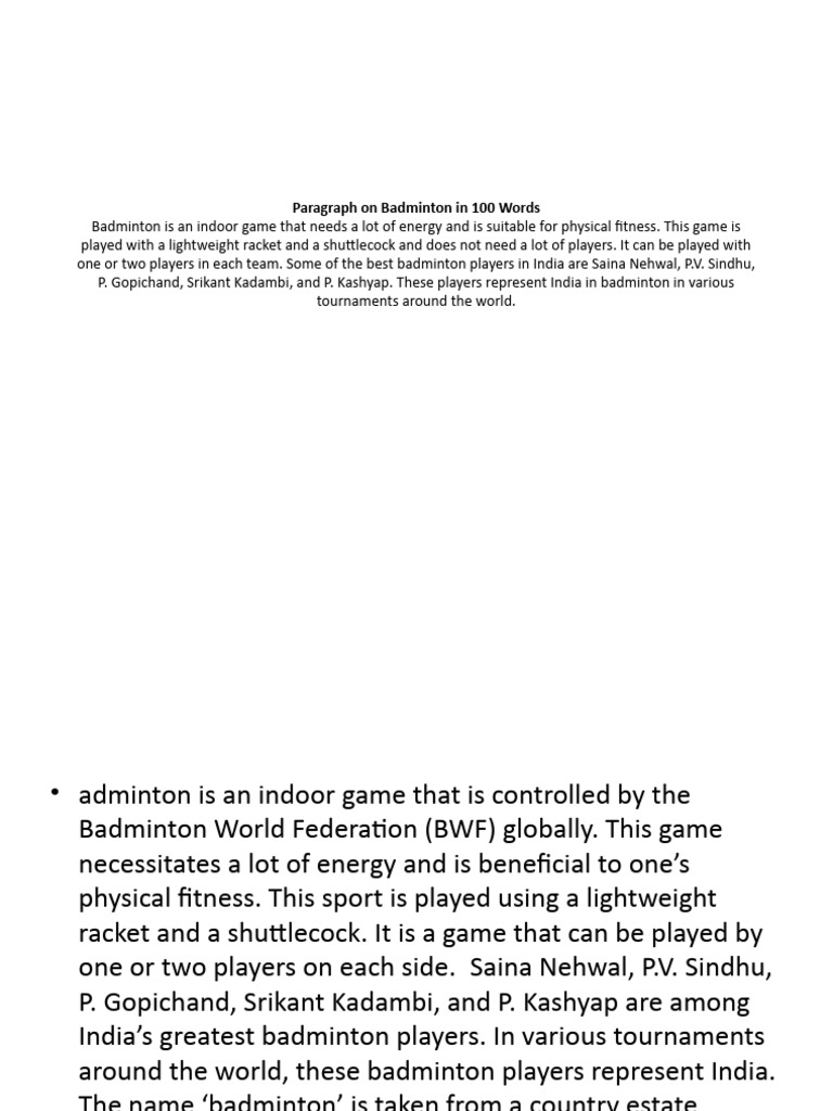 Paragraph On Badminton in 100 Words | PDF