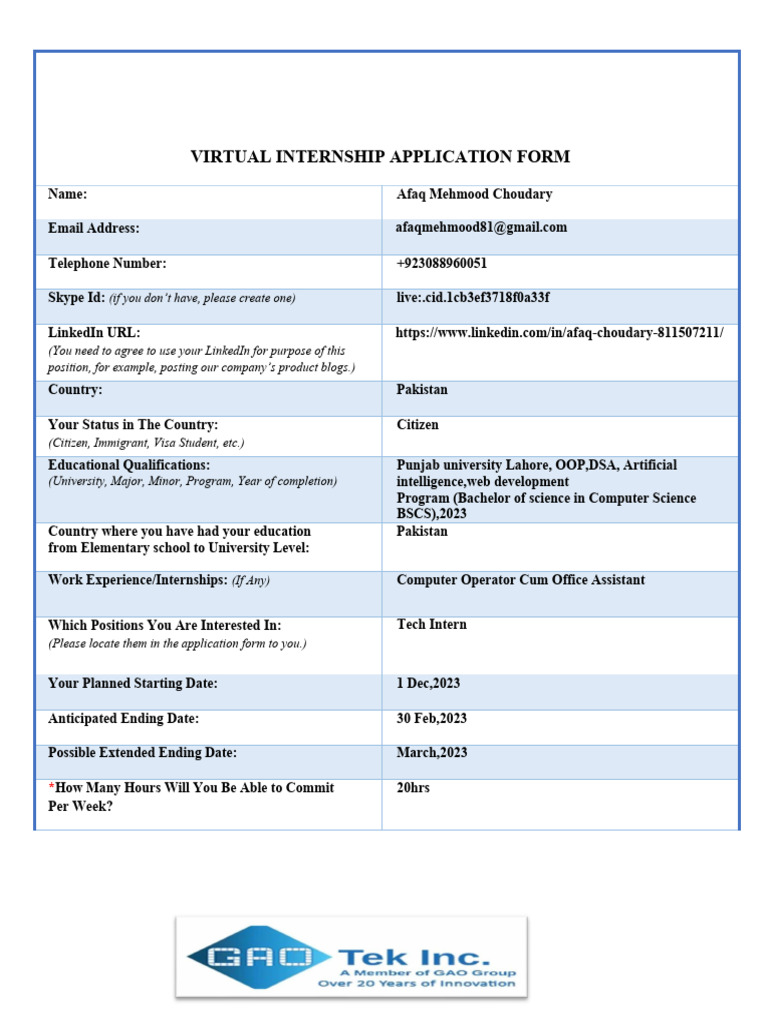 Virtual Internship Application Form | PDF