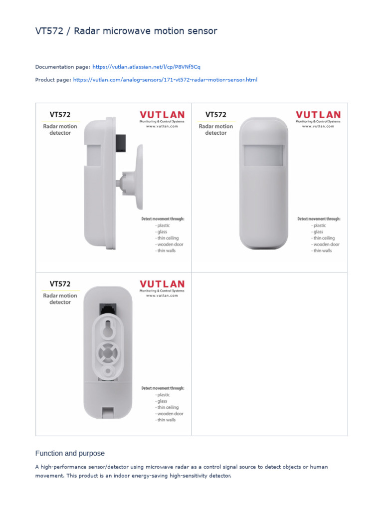 VT572 Microwave Radar Motion Movement Sensor Detector Datasheet (Vutlan ...