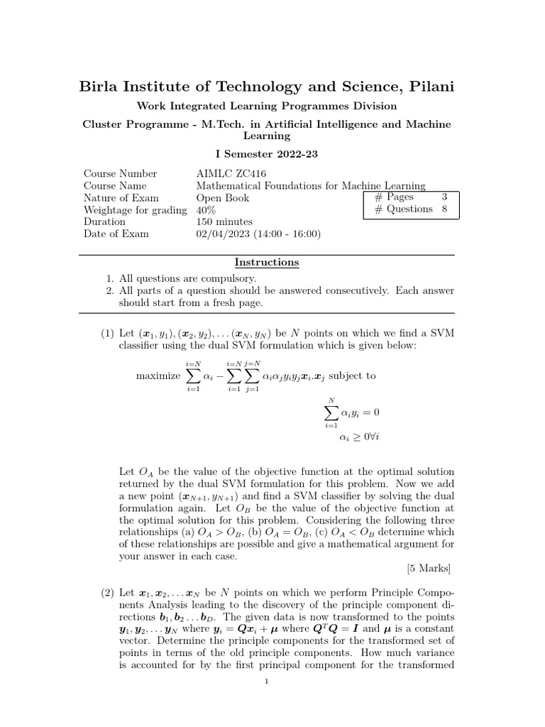 Final Exam AIML2023 | PDF | Support Vector Machine | Mathematical Optimization