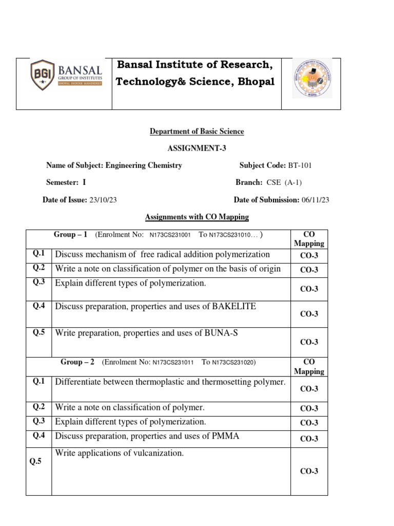 A1 -Assignments 03 BT 101 | PDF | Polymers | Polymerization