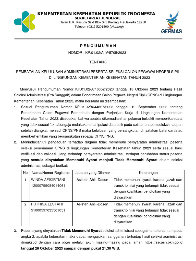 Pengumuman Pembatalan Kelulusan Admin Seleksi CPNS 2023 | PDF Pengumuman Pembatalan Kelulusan Admin Seleksi CPNS 2023 | PDF