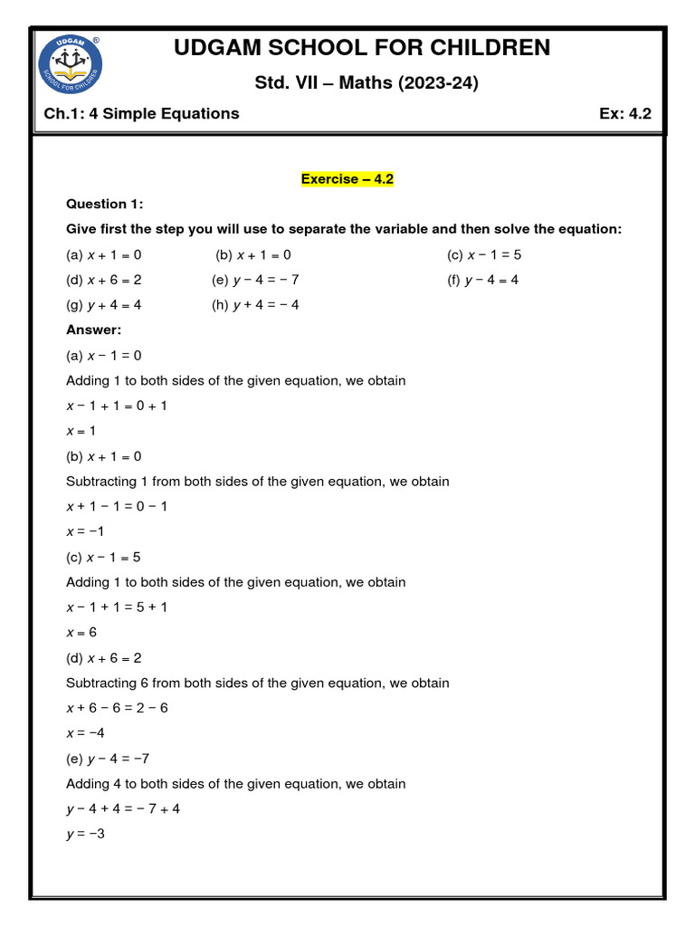 Udgam School For Children: Std. VII - Maths (2023-24) | PDF
