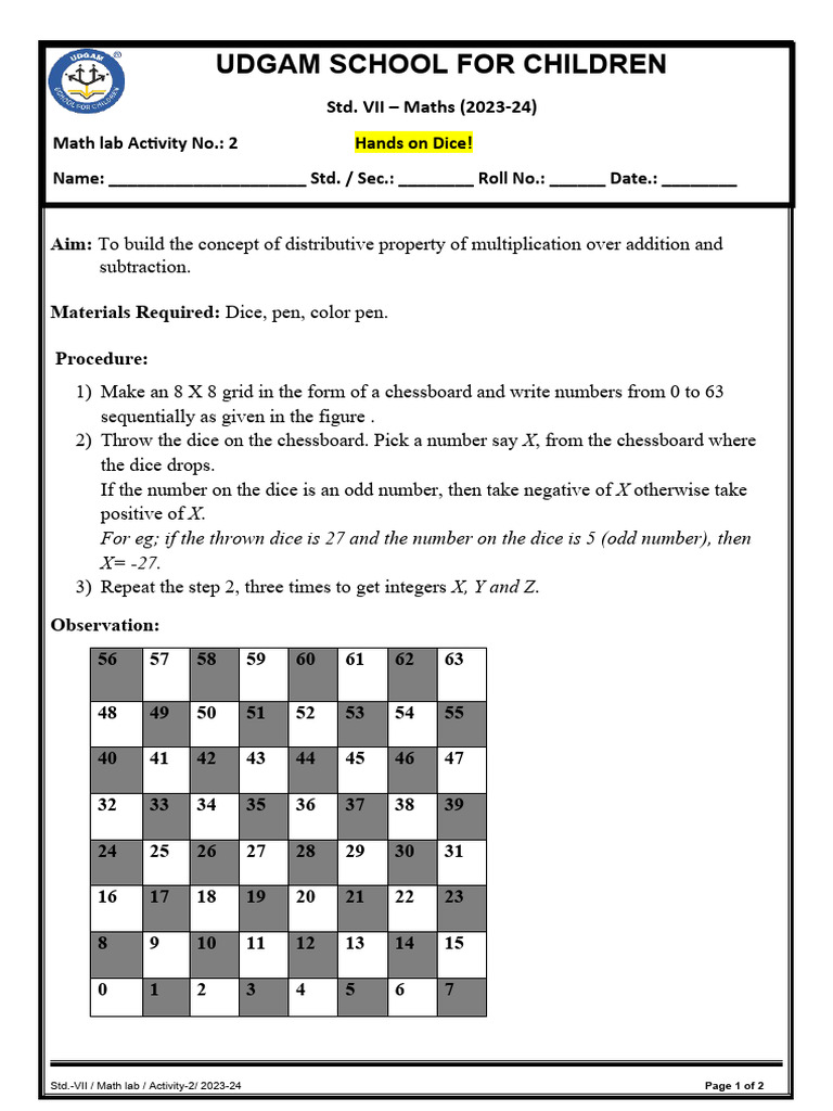 Distributive Property Activity for VII | PDF | Numbers | Dice