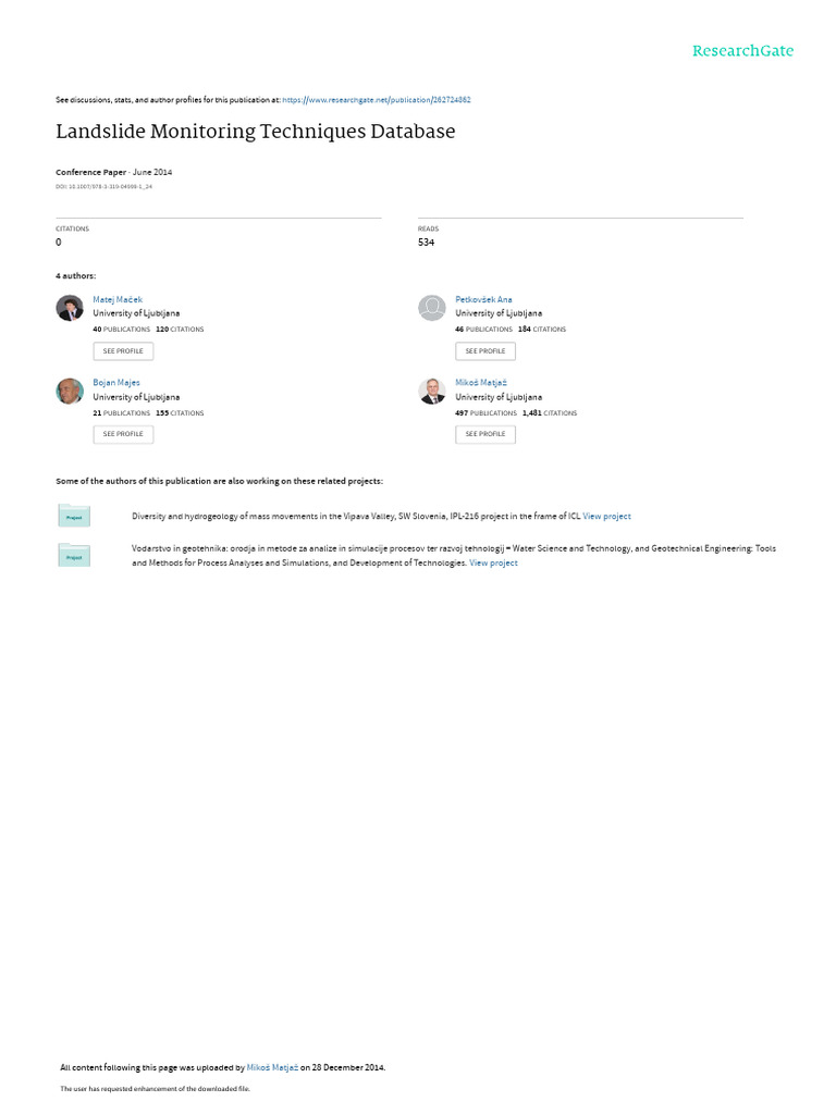 Landslide Monitoring Techniques Database | PDF | Landslide | Geophysics