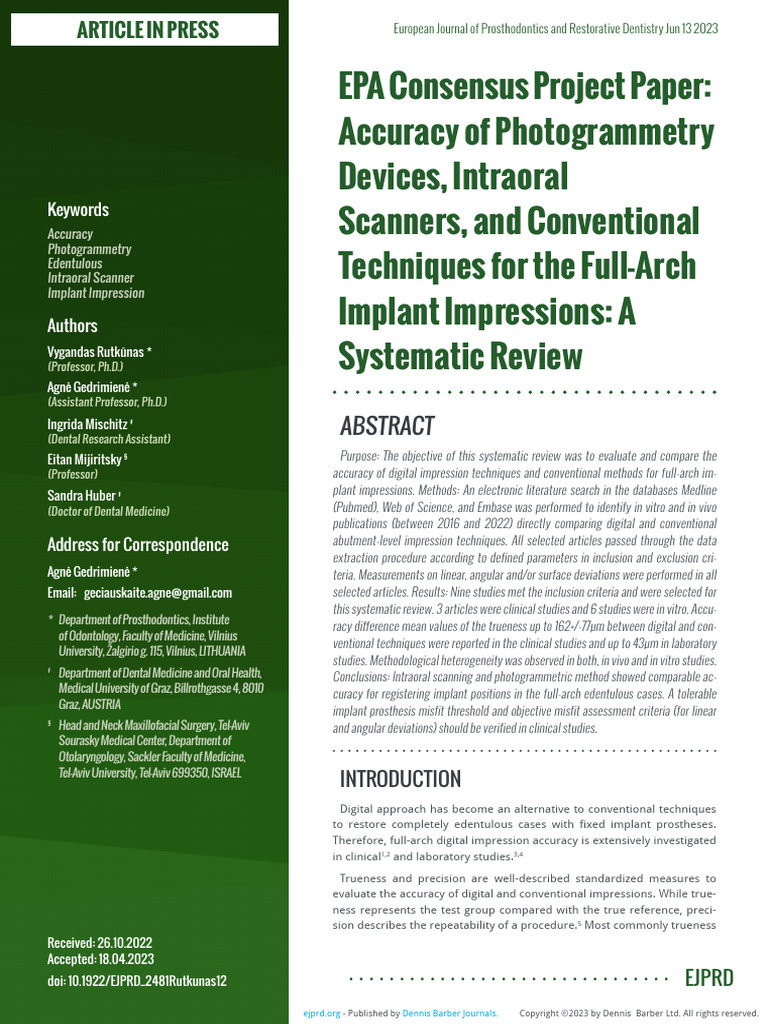 EPA Consensus Project Paper Accuracy of Photogrammetry Devices Intraoral Scanners and ...