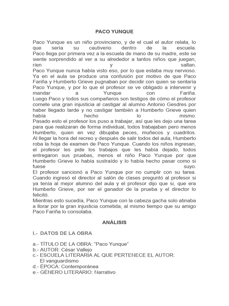 Resumen de Paco Yunque | PDF
