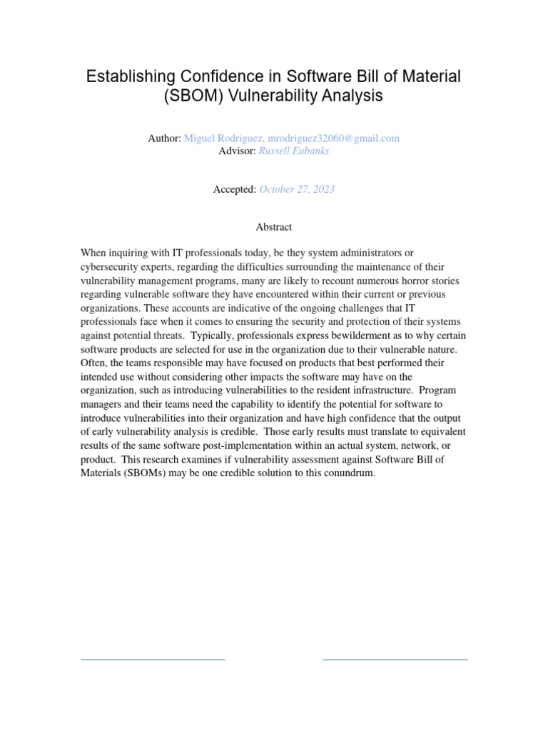 Establishing Confidence in Software Bill of Material Vulnerability Analysis | PDF