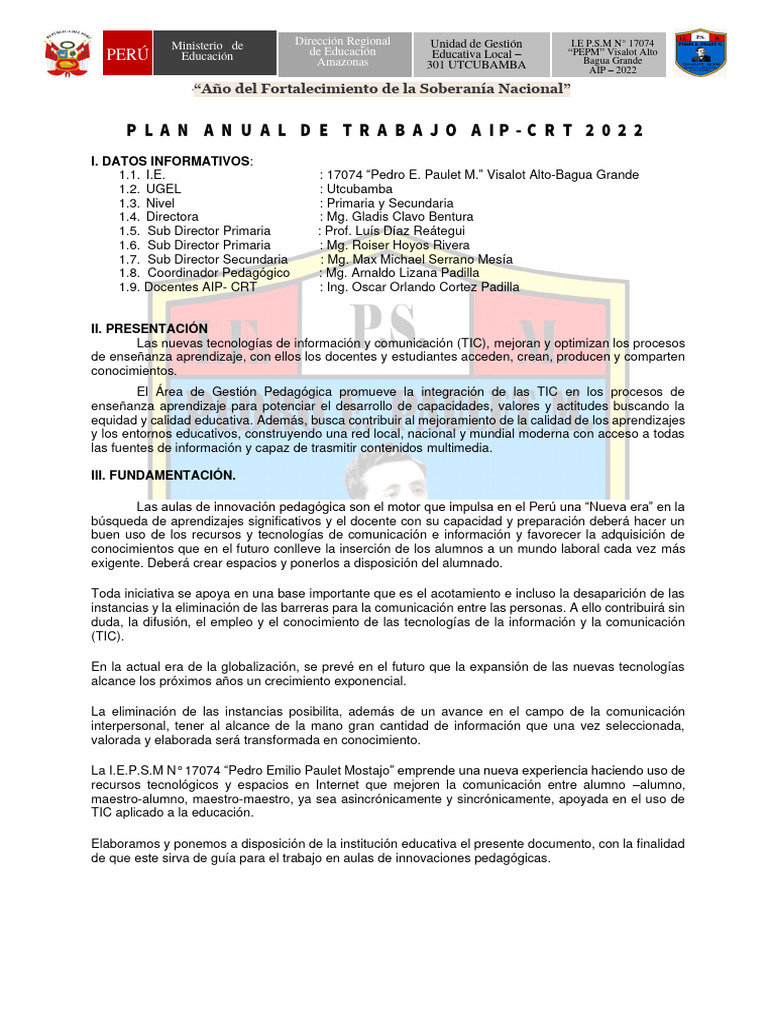 Plan Anual de Trabajo Aip 2022 | PDF