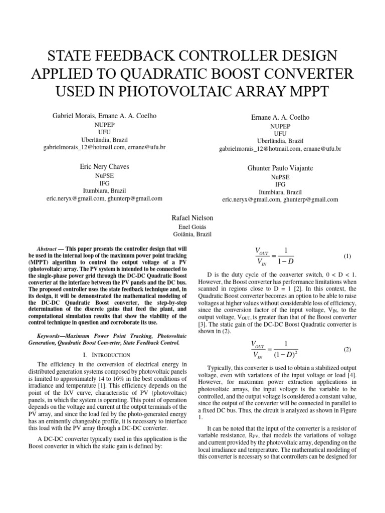 State Feedback Controller Design Applied To Quadratic Boost Converter Used in Photovoltaic Array ...